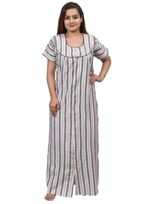 Buy NACNO Women's Printed Cotton Front Open Nighty/Maxi/Nightgown White ...