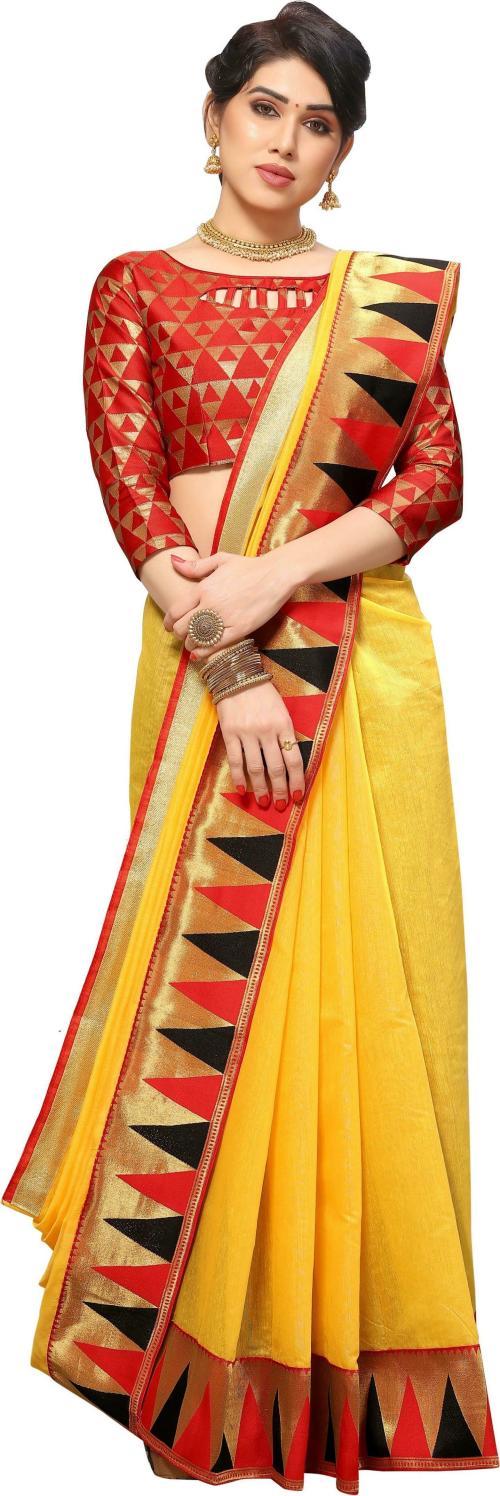 Buy Febo Fashion Women Yellow Embellished Cotton Blend Single Saree ...