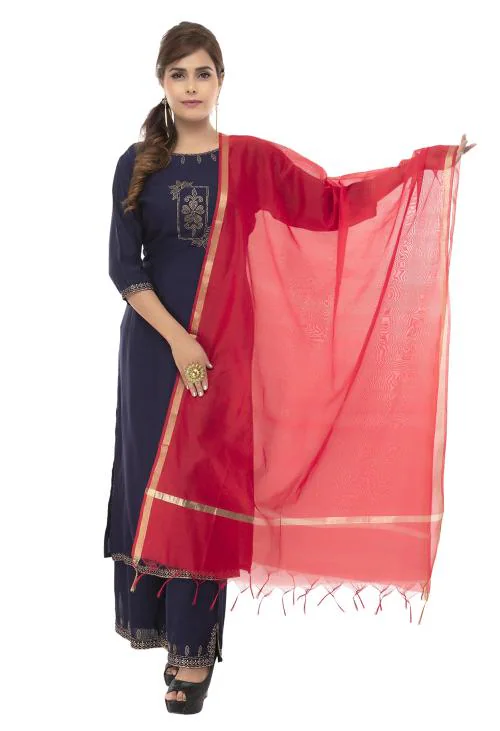 Buy Moeza Women Red Red Banarsi Chanderi Piping Dupatta Online at Best ...