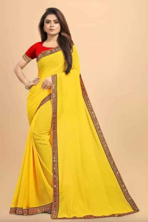 Buy OKTAT Solid/Plain Bollywood Georgette Saree (Yellow) Online at Best ...