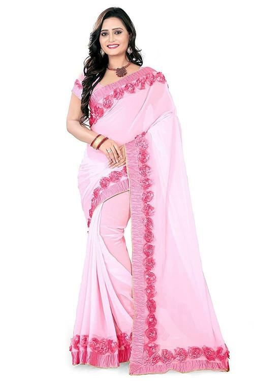 Buy FESHILIOUSREEVA TRENDZ Women Pink Lace Georgette Saree With Blouse ...