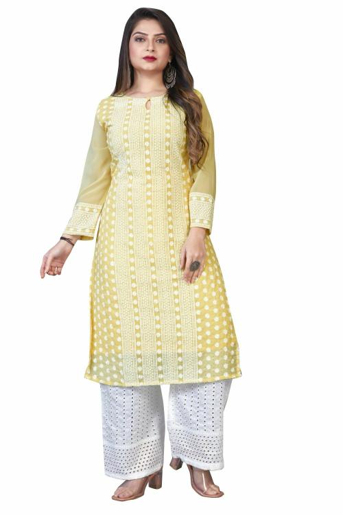 Buy Snizvi Women's Georgette Hand Embroidered Chikankari Lucknowi Kurta ...