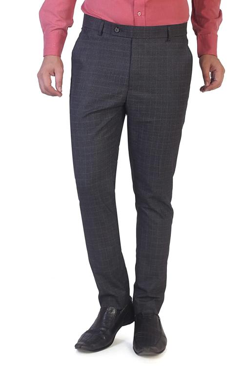 Buy FLAGS Mens Dark Grey Checkered Viscose and Poly Formal Trouser In ...