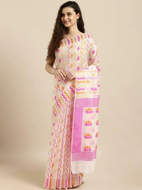 Buy VASTRANAND Women White Cotton Silk Woven Design Saree Online at ...