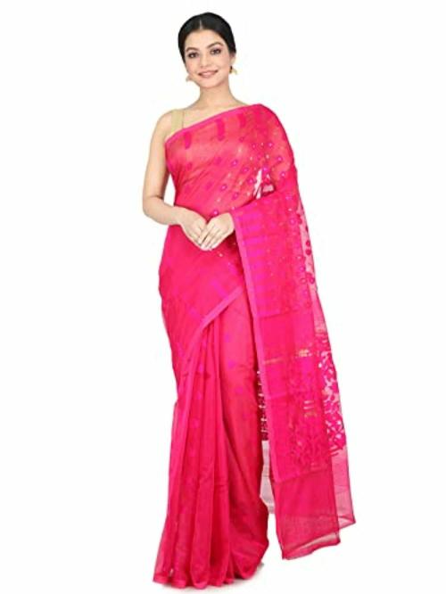 Buy PinkLoom Women Pink Woven Pure Cotton Jamdani Saree Without Blouse Piece Online at Best ...