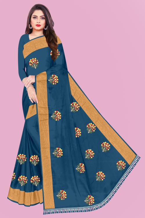 Buy KIWIE Blue Chiffon Embroidered Thread Work Saree With Blouse Piece ...