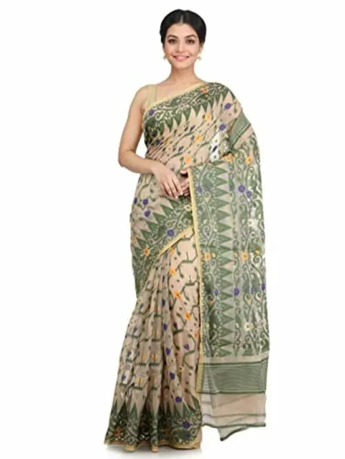 Buy PinkLoom Women Beige Woven Pure Cotton Jamdani Saree without Blouse Piece Online at Best ...