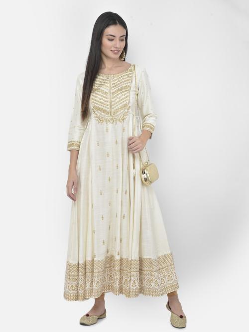 Buy Span Women White Embroidered Cotton Silk Flared Kurta - Nc014 Online at Best Prices in India ...