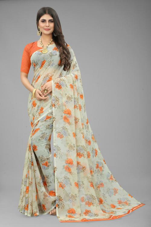 Buy NISHA CREATION Women Beige Digital Print Chiffon Single Saree ...
