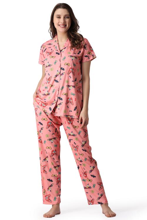 Buy Night keys Women's Digital Print Front Cotton Open Peach Night Suit ...
