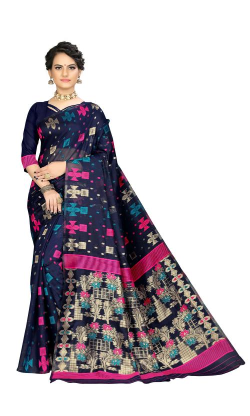 Buy NOPSE Women's Cotton Designer Jamdani Saree (Shruti Navy) Online at ...