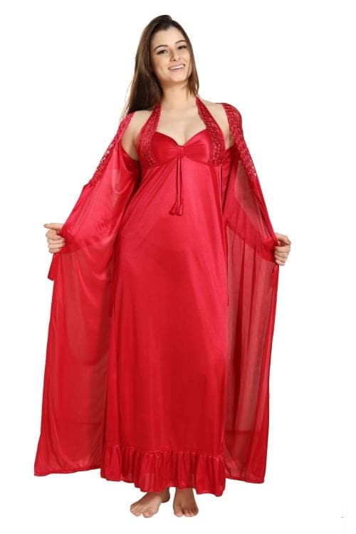 Buy Romaisa Women's Red Satin Solid Maxi Length Nighty with Robe (Free ...