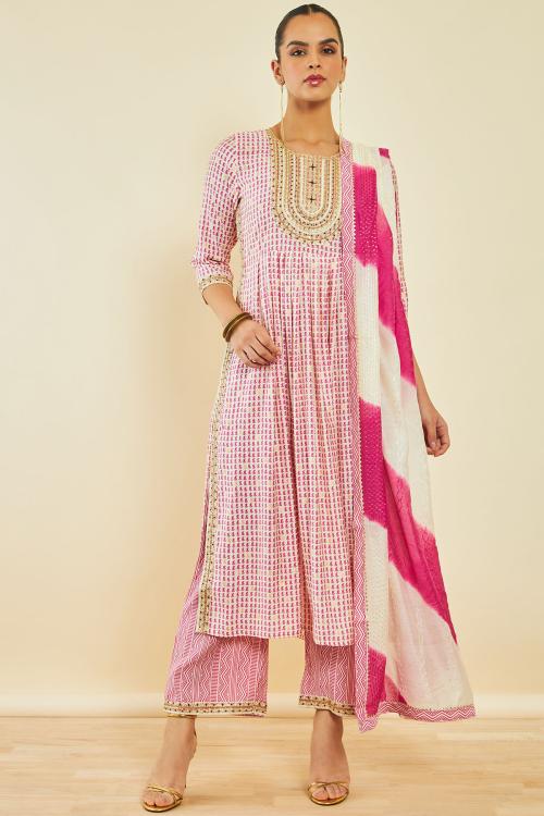 Buy Soch Beige Muslin Suit Set With Printed Designs And Embroidery ...