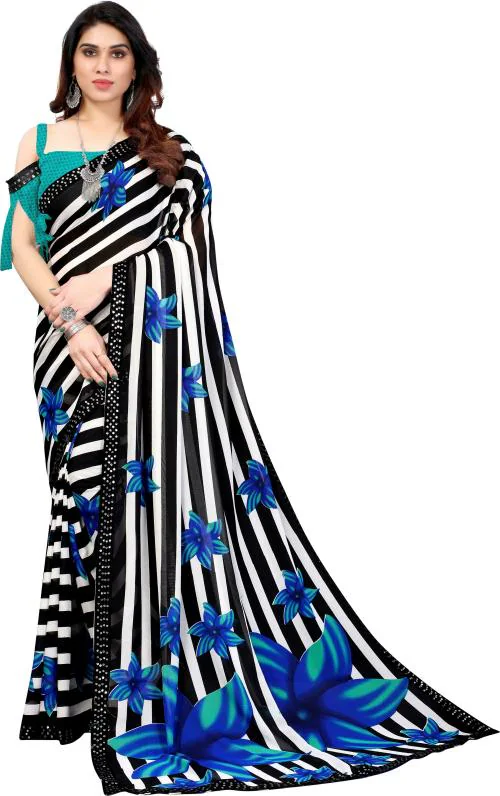 Buy sareya veela Bollywood Women Blue and Black Striped Georgette ...