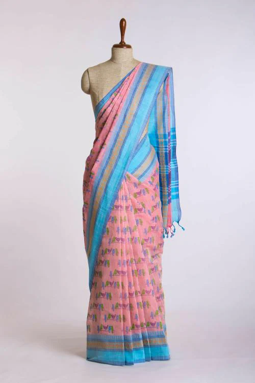 Buy Ksr Handlooms Alikam Khadi-Cotton Saree with Block Print of Birds ...
