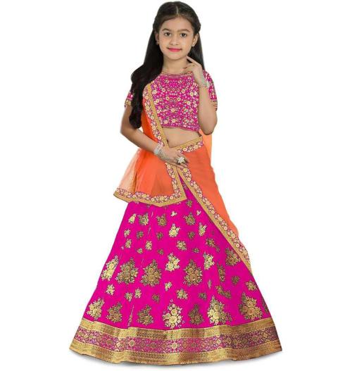 Buy Craqline Girls Blue Embroidered Satin Ghagra, Choli And Dupatta Set ...