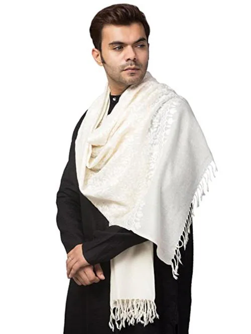 Buy Tweedle Men Off White Pure Wool Kashmiri Embroidery Muffler Online ...