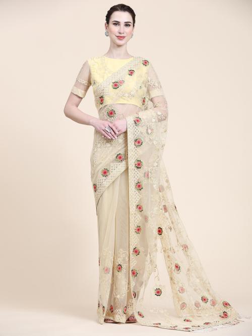 Buy IrisTheStudio Women Cream Net Embroidered Bollywood Saree - Pr ...