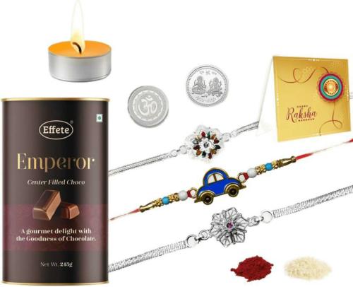Buy Truswag Silver Rakhi, Chocolate, Pooja Coin, Greeting Card, Roli ...