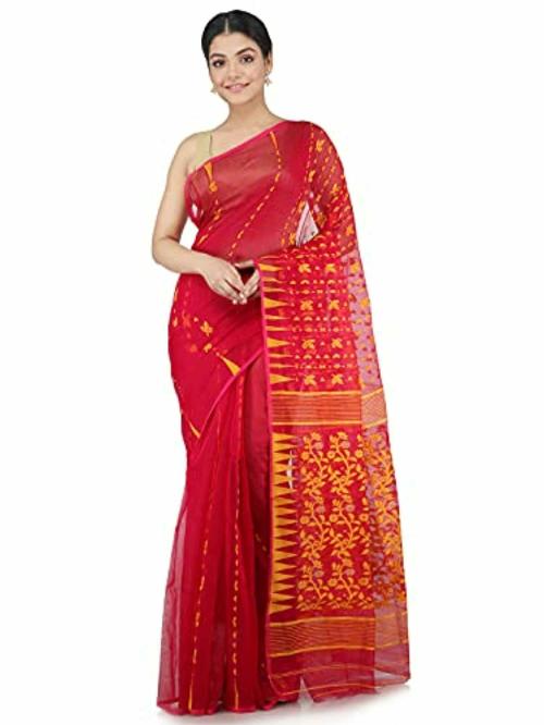 Buy PinkLoom Women Red Handloom Pure Cotton Jamdani Saree Without Blouse Piece Online at Best ...