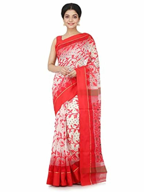 Buy PinkLoom Women White and Pink Handloom Pure Cotton Jamdani Saree Without Blouse Piece Online ...