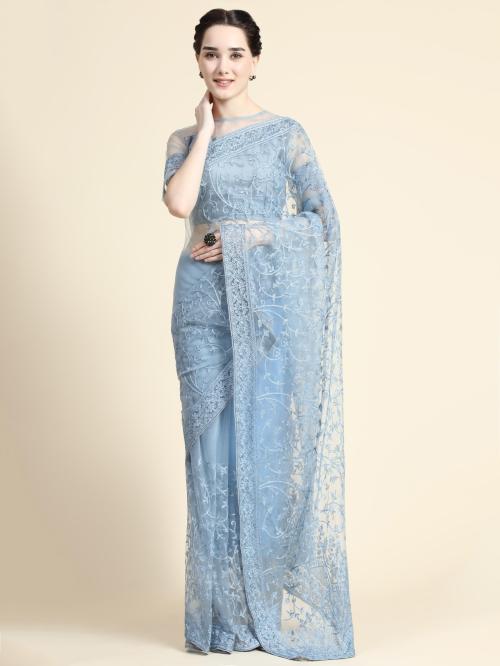 Buy IrisTheStudio Women Blue Net Temple Border, Embroidered, Floral Print Bollywood Saree - Pr ...