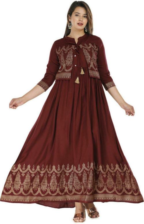 Buy Sa Rasa Women Maroon and Gold Printed Viscose Rayon Anarkali Kurta ...
