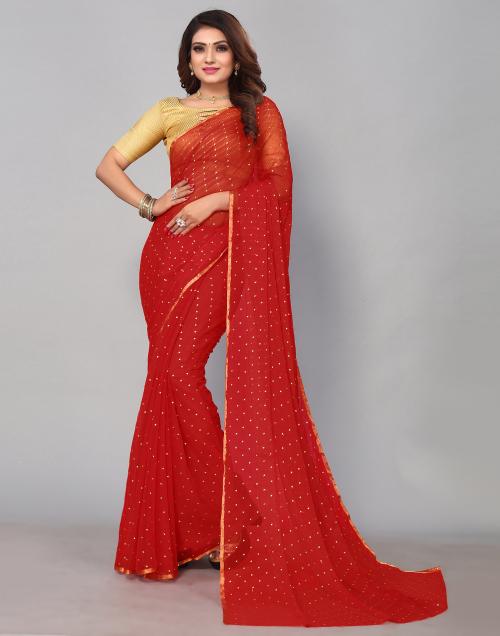 Buy Siril Chiffon Red Color Saree with Blouse piece | sarees for Women ...
