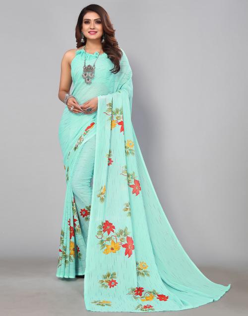 Buy Siril Georgette Turquoise Color Saree with Blouse piece | sarees ...