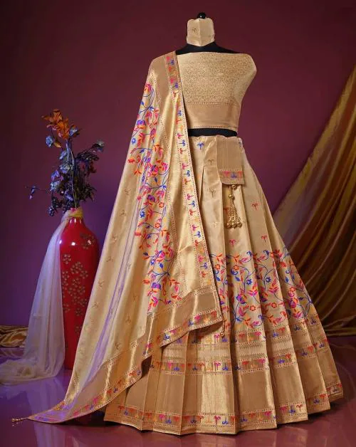 Buy HALFSAREE STUDIO Chiku Color Banarasi silk Latest Lehenga Choli ...