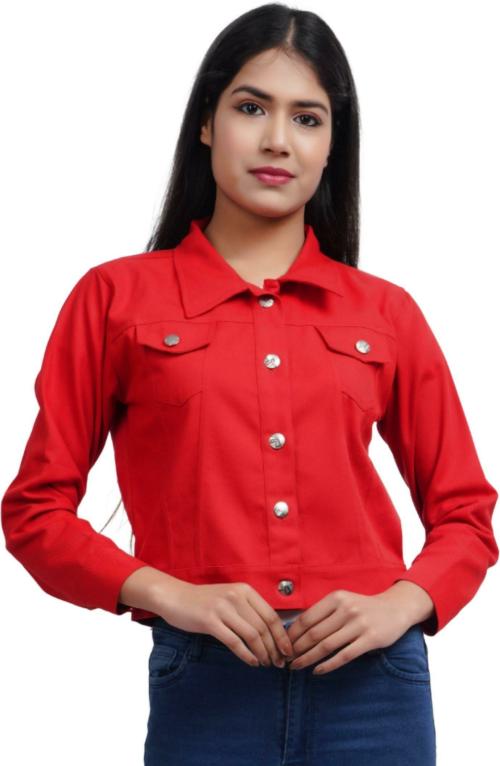 Buy Trendzmy Women Red Solid Cotton Blend Full Sleeve Denim Jacket ...