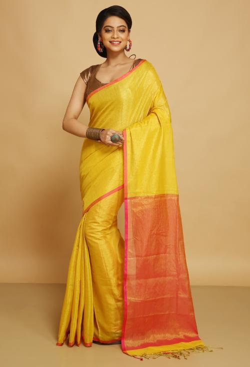Buy Abrita Saree Handloom Dual Tone Tisu Anchal Saree (Yellow And Red ...