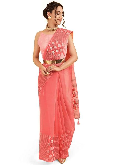 Buy Dungrani Pink Organza Women Saree With Blouse Pic Online at Best ...