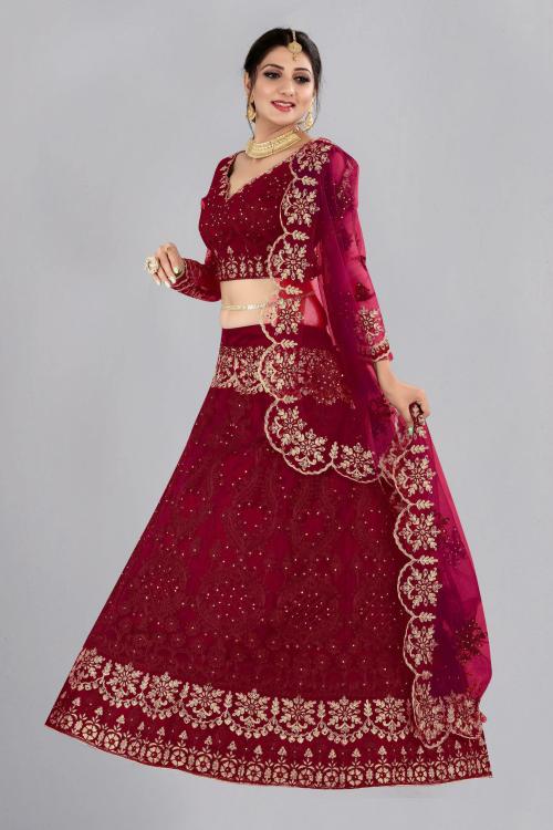 Buy ATSEVAM Women Free Size Maroon Self Design Net Lehenga Choli Set ...