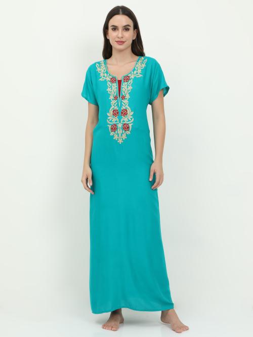 Buy RnP Aqua Embroidered Rayon full length Nighty (Free Size, Aqua) Online at Best Prices in ...