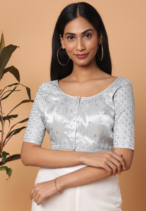 Buy Salwar Studio Women's Silver Silk Blend Readymade Saree Blouse Online at Best Prices in ...