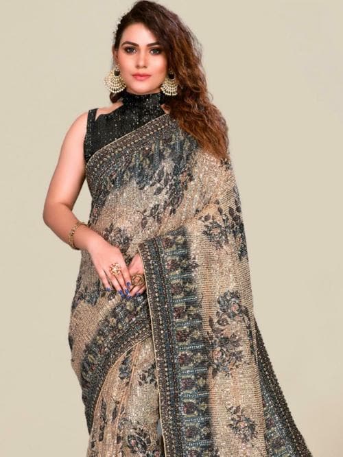 Buy Chhabra 555 Floral Digital Print Saree with Allover Sequence ...