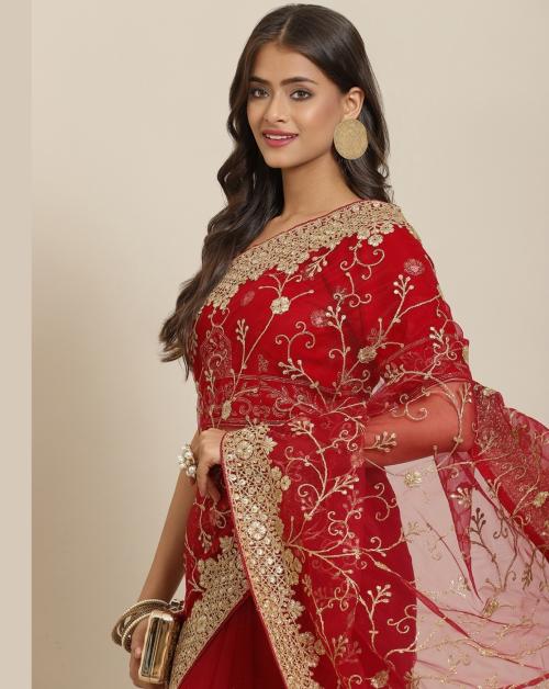 Buy Chhabra 555 Maroon Heavy Gold Zari Floral Jaal Embroidered Bridal ...