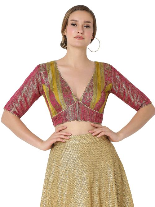 Buy Salwar Studio Women's Pink Pure Jamevar Self Design Readymade Saree Blouse Online at Best ...