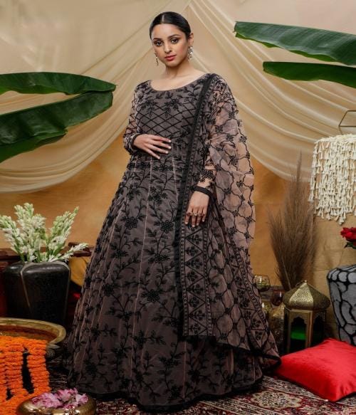 Buy Sitaram designer Embroidered Net Semi Stitched Anarkali Gown (Brown ...