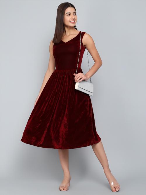 Buy Prajval Women Maroon Solid Velvet Fit And Flare Dress (Xxl) Online ...