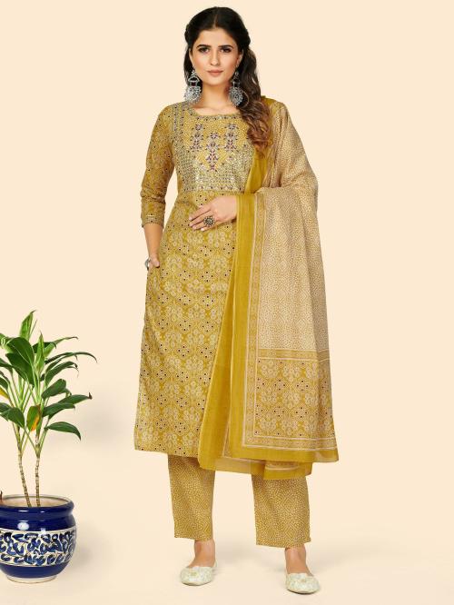 Buy Vbuyz Women'S Embroidered & Sequience Work Straight Cotton Yellow ...