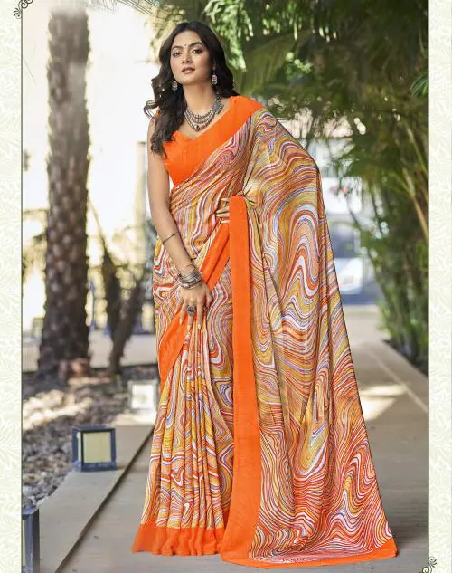 Buy Siril Chiffon Orange Color Saree with Blouse piece | sarees for ...