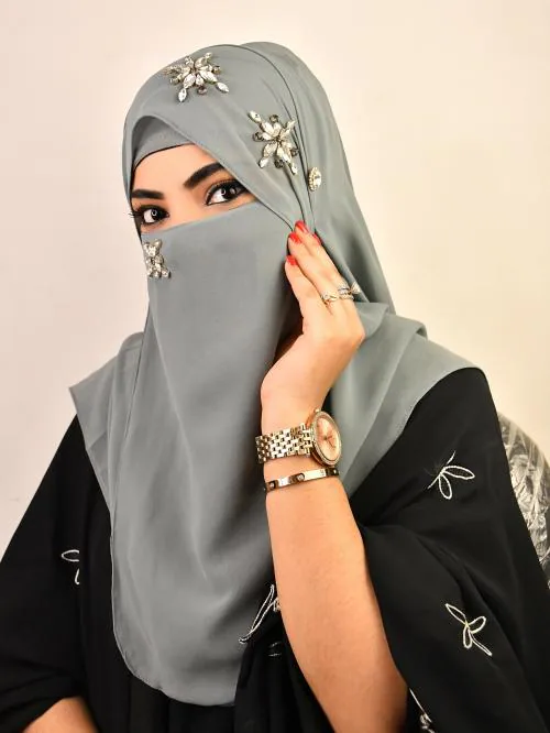 Buy WRAP MY HIJAB Grey Luxury Bridal Wedding Wear Hijab Scarf With ...