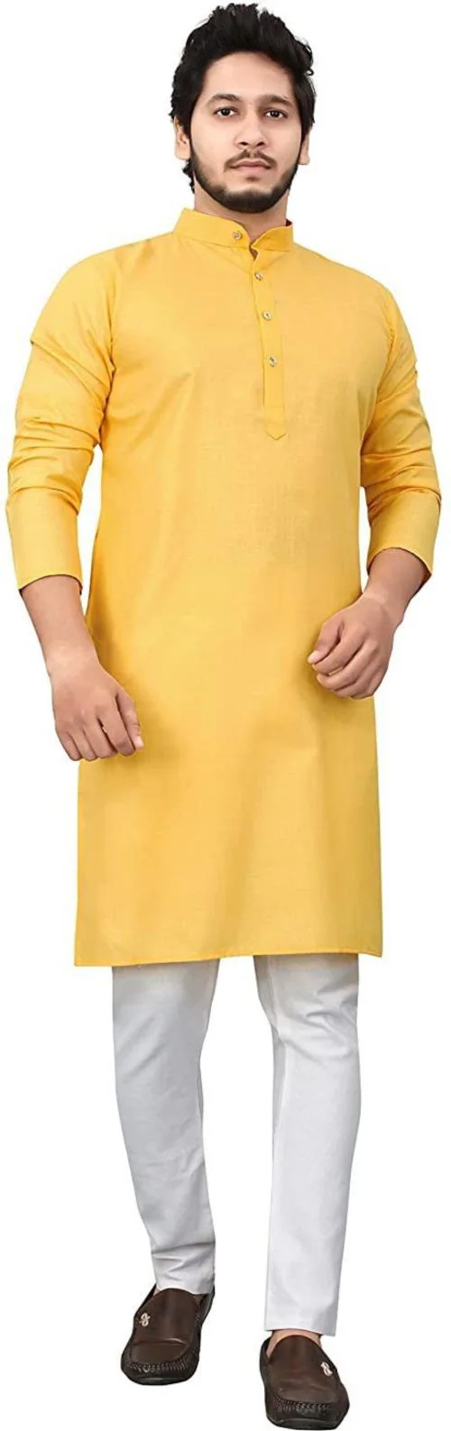 Buy Qosha Men Yellow Solid Cotton Blend Straight Kurta - L Online at ...