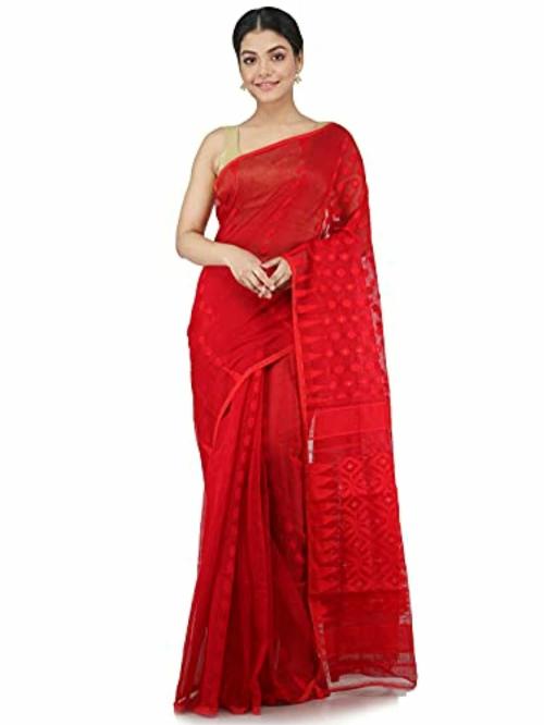 Buy PinkLoom Women Red Handloom Pure Cotton Jamdani Saree Without Blouse Piece Online at Best ...
