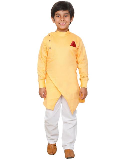 Buy Dkgf Fashion Boys Yellow Solid Cotton Blend Set Kurta and Pyjama ...