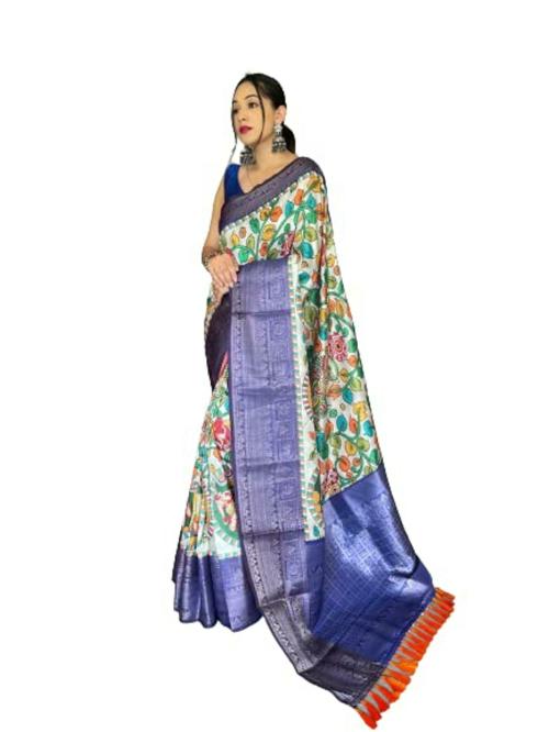 Buy Leeli Peeri Designer Women Off White Printed Kanjeevaram Saree With ...
