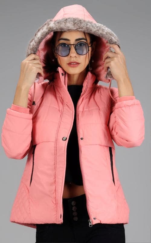 Buy ELANHOOD Women Light Pink Solid Nylon Hooded Quilted Jacket Online ...