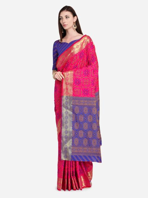 Buy AKSHARAM Women Pink Woven Silk Blend Kanjivaram Saree Online at ...